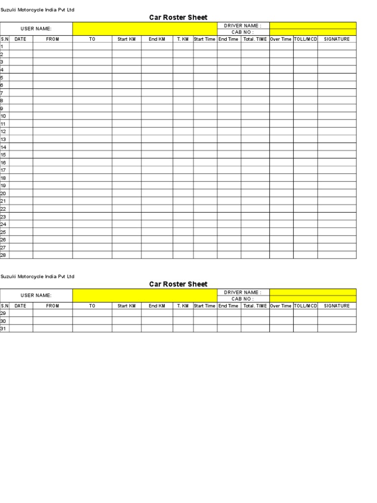 Car Roster Sheet: S.N Date From TO Start KM End KM T. KM Start Time End ...
