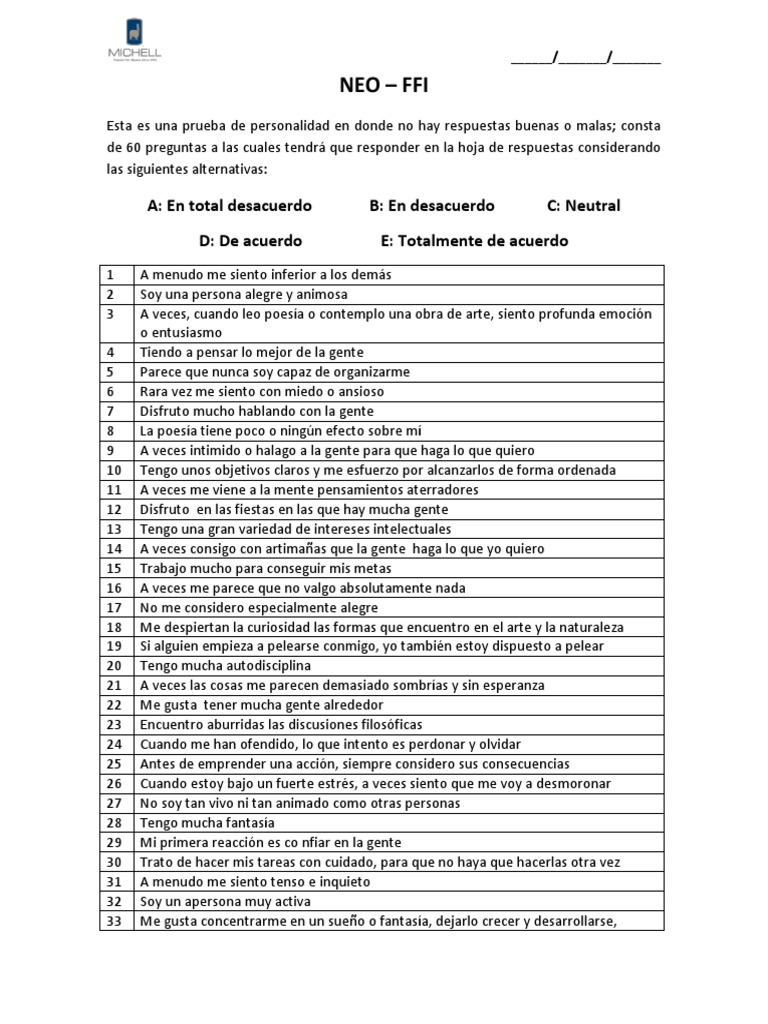 Cuestionario NEO FFI | PDF | Sicología