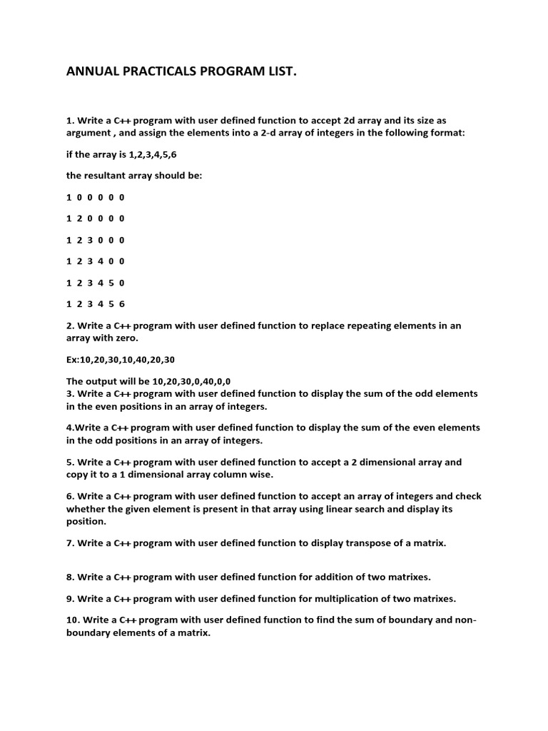 Annual Practicals Program List Pdf String Computer Science Matrix Mathematics