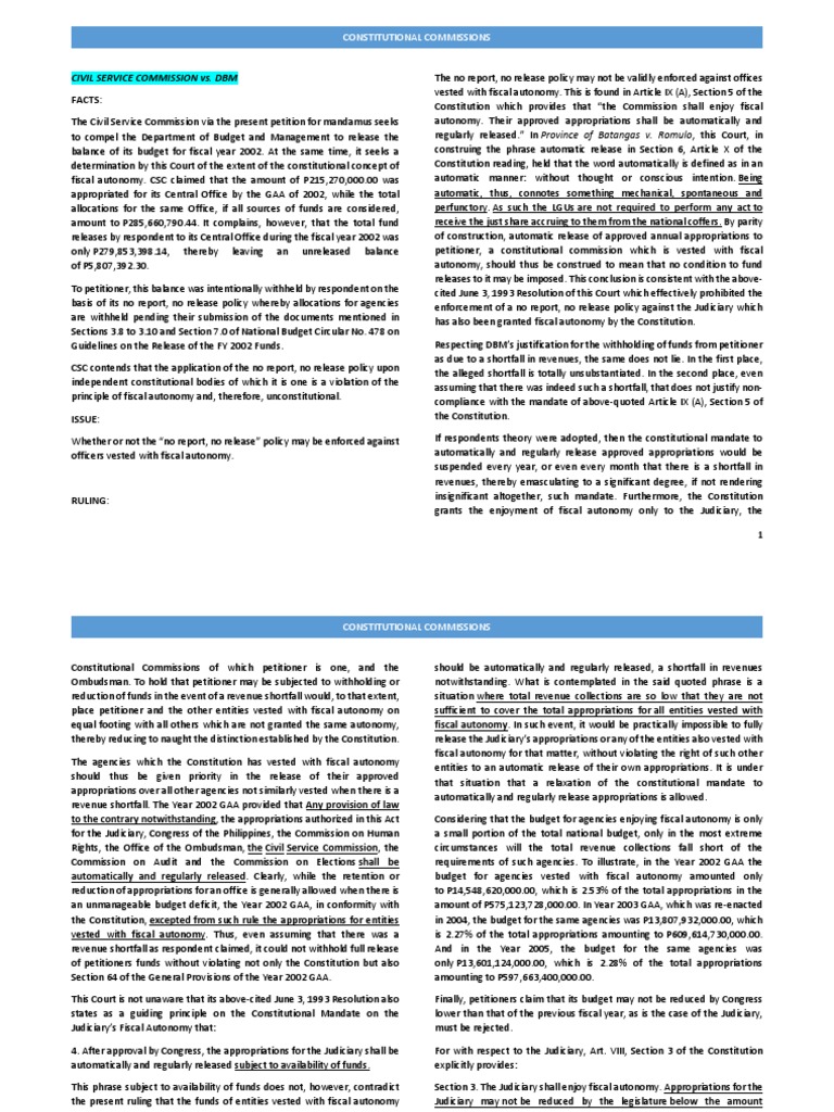 CSC vs. DBM: Fiscal Autonomy Ruling | PDF | Appropriations Bill (United ...