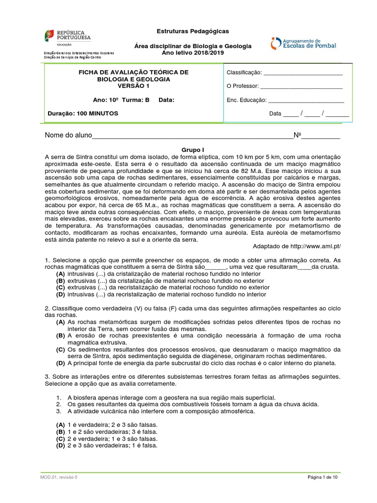 Teste 2 v1 2018 19 | PDF | Rochas (Geologia) | Rocha clástica
