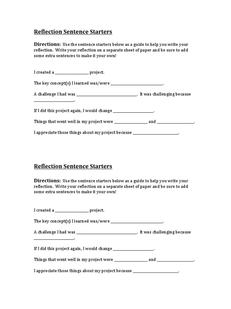 Reflection Sentence Starters | PDF