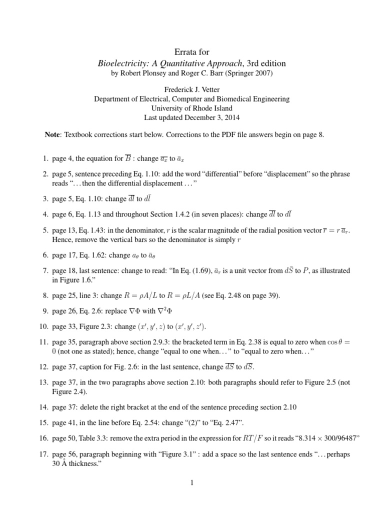 Errata For Bioelectricity: A Quantitative Approach, 3rd Edition | Download Free PDF | Capacitor ...