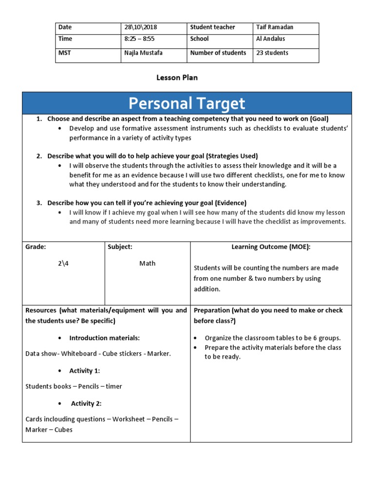 Personal Target: Lesson Plan | PDF | Educational Psychology | Cognition