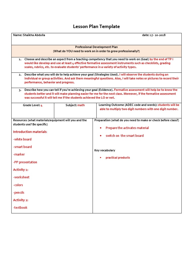 Lesson Plan 2 Digit Multiplication | PDF | Educational Assessment ...