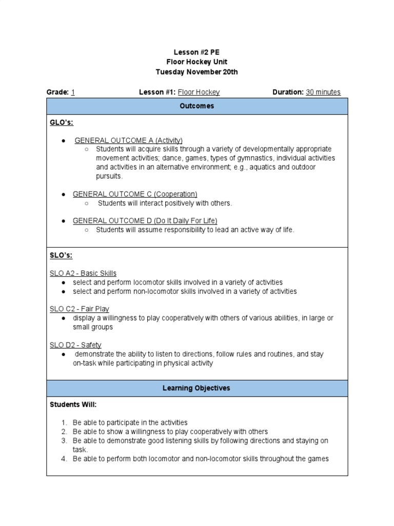 Grade 1 Floor Hockey Lesson Plan | PDF | Physical Education | Behavior ...