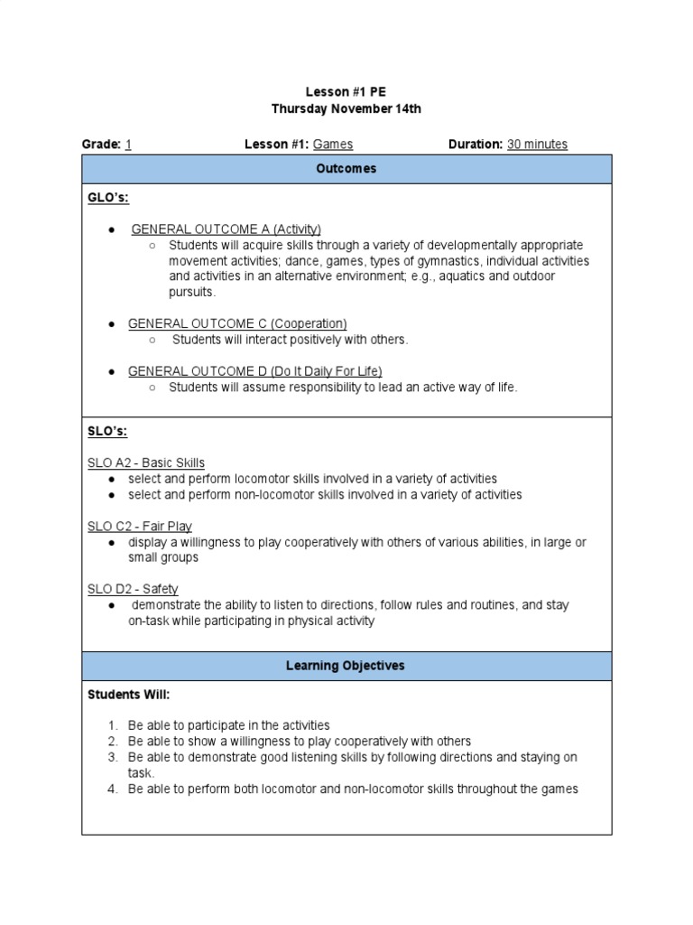 Phys Ed Thursday Nov 15th Lesson Plan 2 | PDF | Physical Education ...