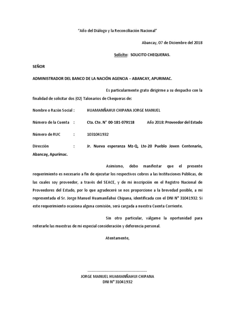 Modelo de Solicitud de Chequera | Cheque | Business