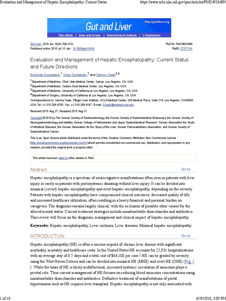 Evaluation and Management of Hepatic Encephalopathy: Current Status and ...