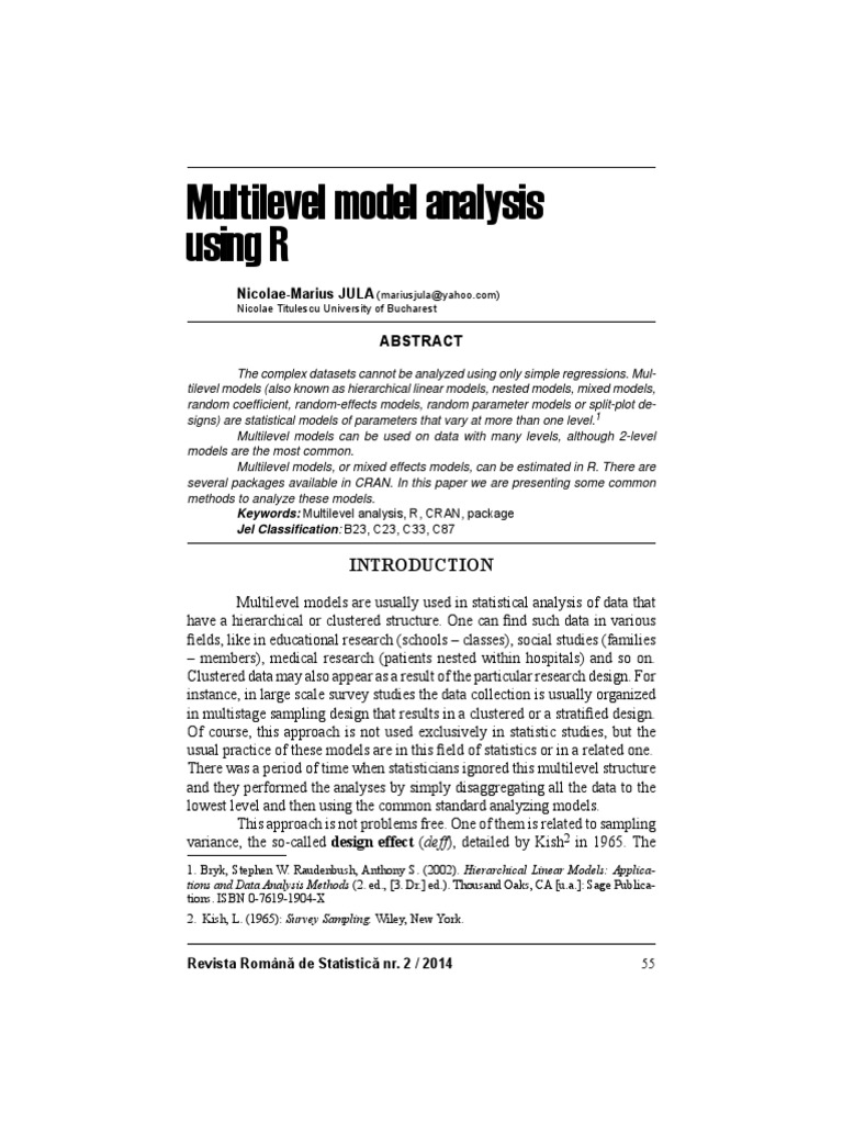 Multilevel Model Analysis Using R: Nicolae-Marius Jula | PDF ...