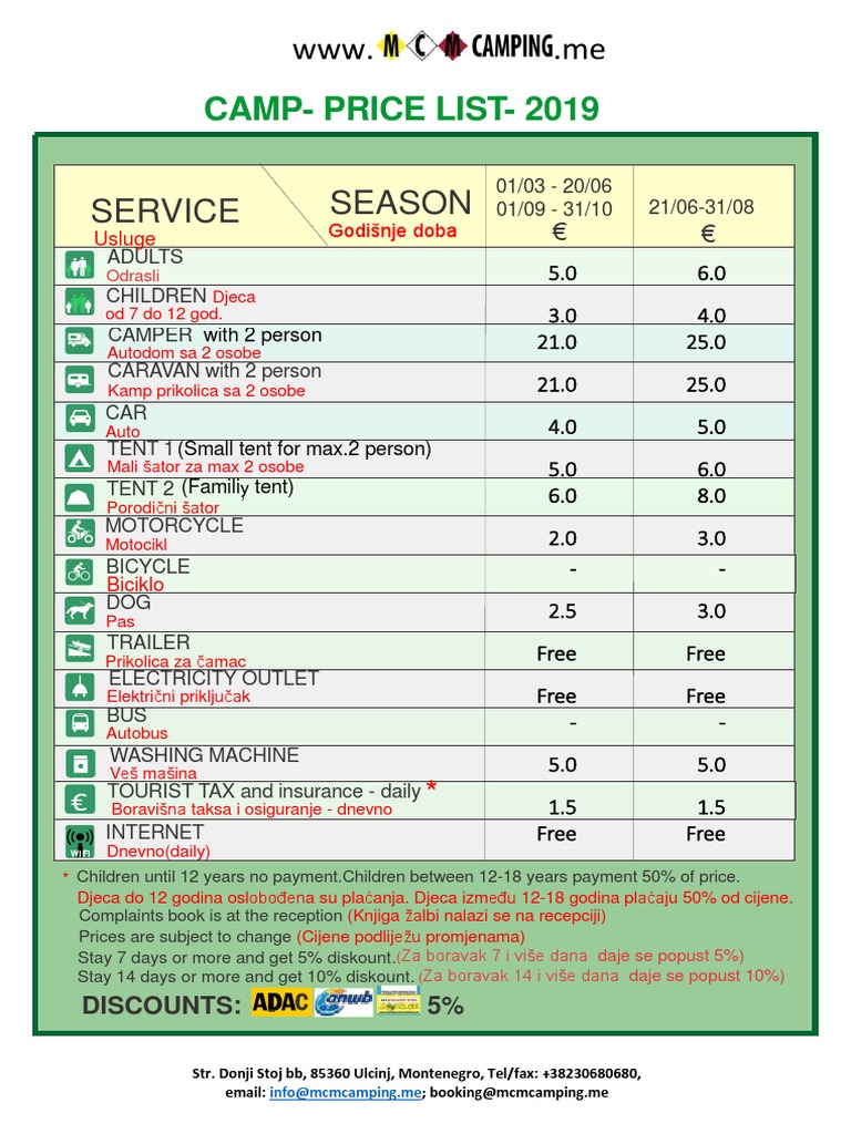Service Season: Camp-Price List - 2019 | PDF