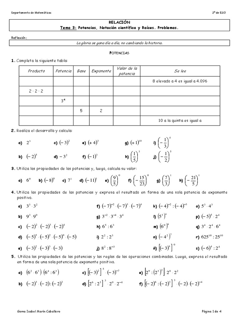 Relación Tema 3. Potencias, Notación Científica y Raíces. Problemas. Soluciones | PDF ...