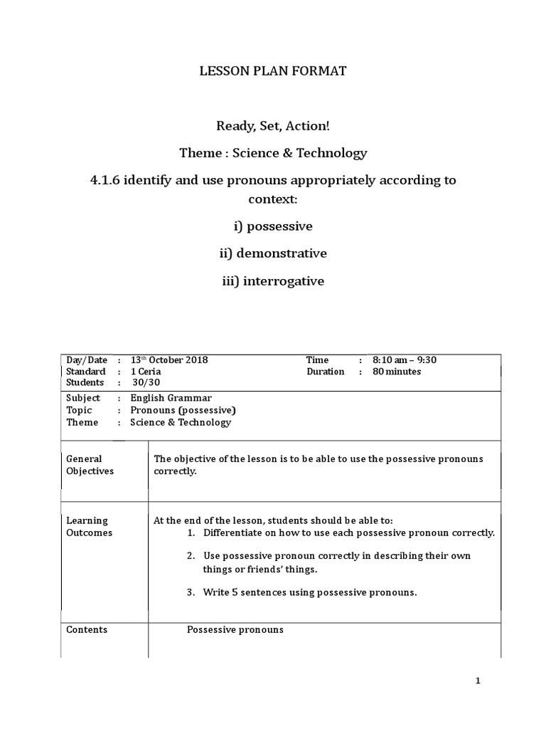 LP - Pronouns - Possessive | PDF | Lesson Plan | Pronoun