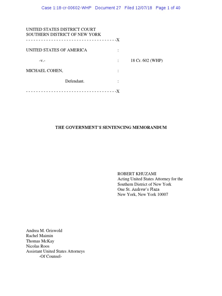 SDNY Cohen Sentencing Memo | PDF | United States Federal Sentencing ...