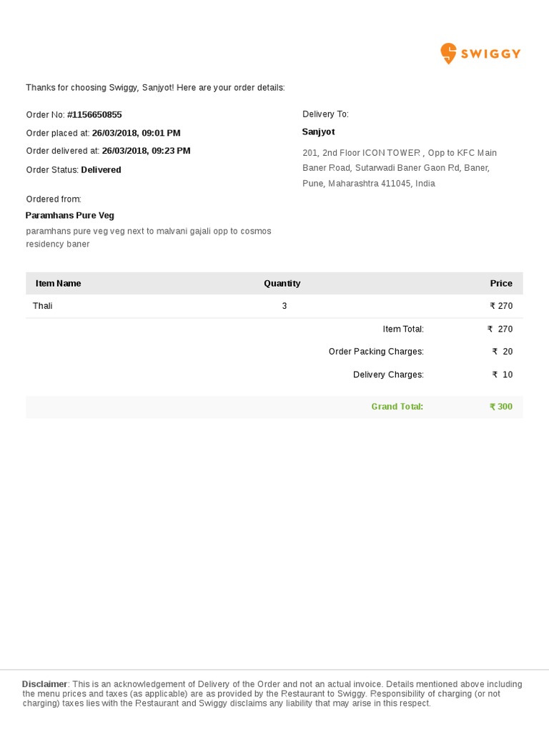 Swiggy Order 1156650855swiggy Order 1156650855 | PDF | Payments | Economies