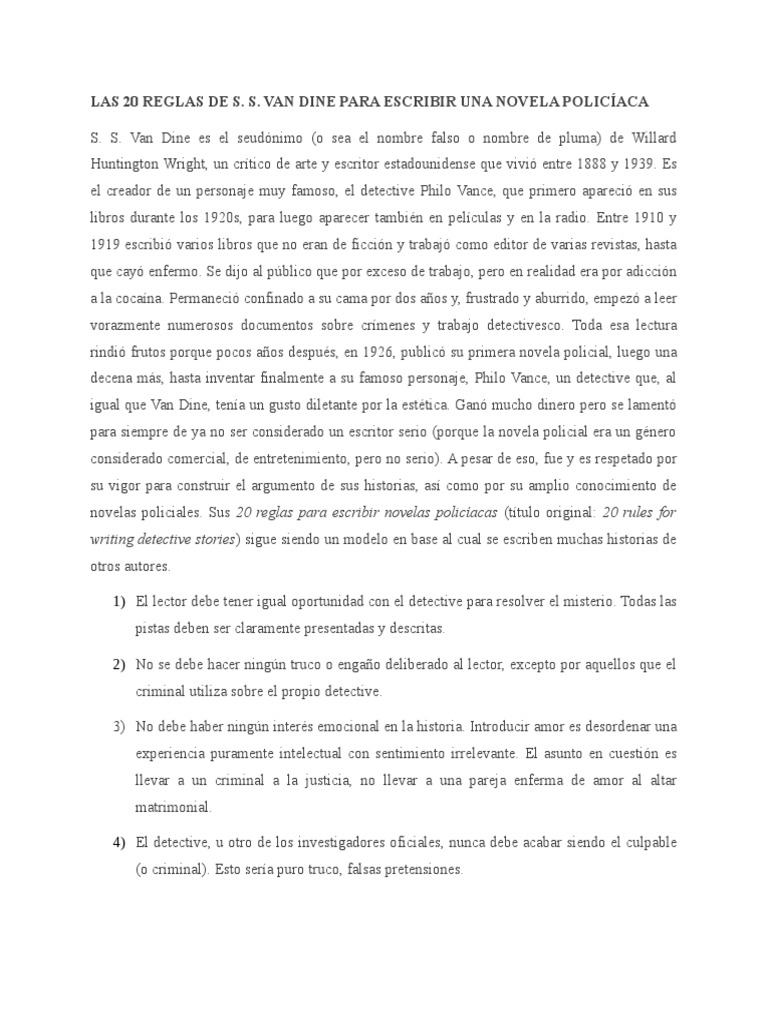 20 Reglas Para Escribir Una Novela Policial Pdf Ss Van Dine Policía