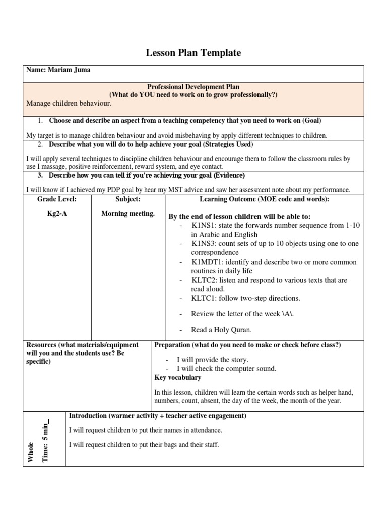 Lesson Plan Template: by The End of Lesson Children Will Be Able To ...