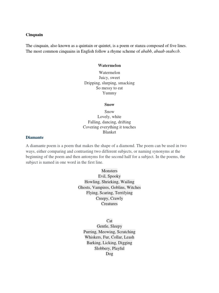 Cinquain Poems About Music