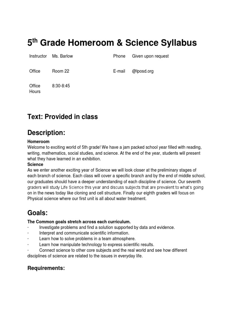 5th Grade Science Syllabus Ms | PDF | Homework | Science