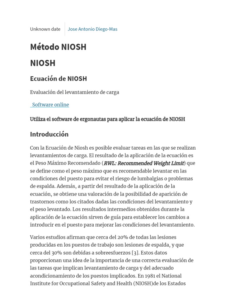 Método NIOSH - Evaluación Del Levantamiento de Carga PDF | PDF | Ecuaciones | Naturaleza