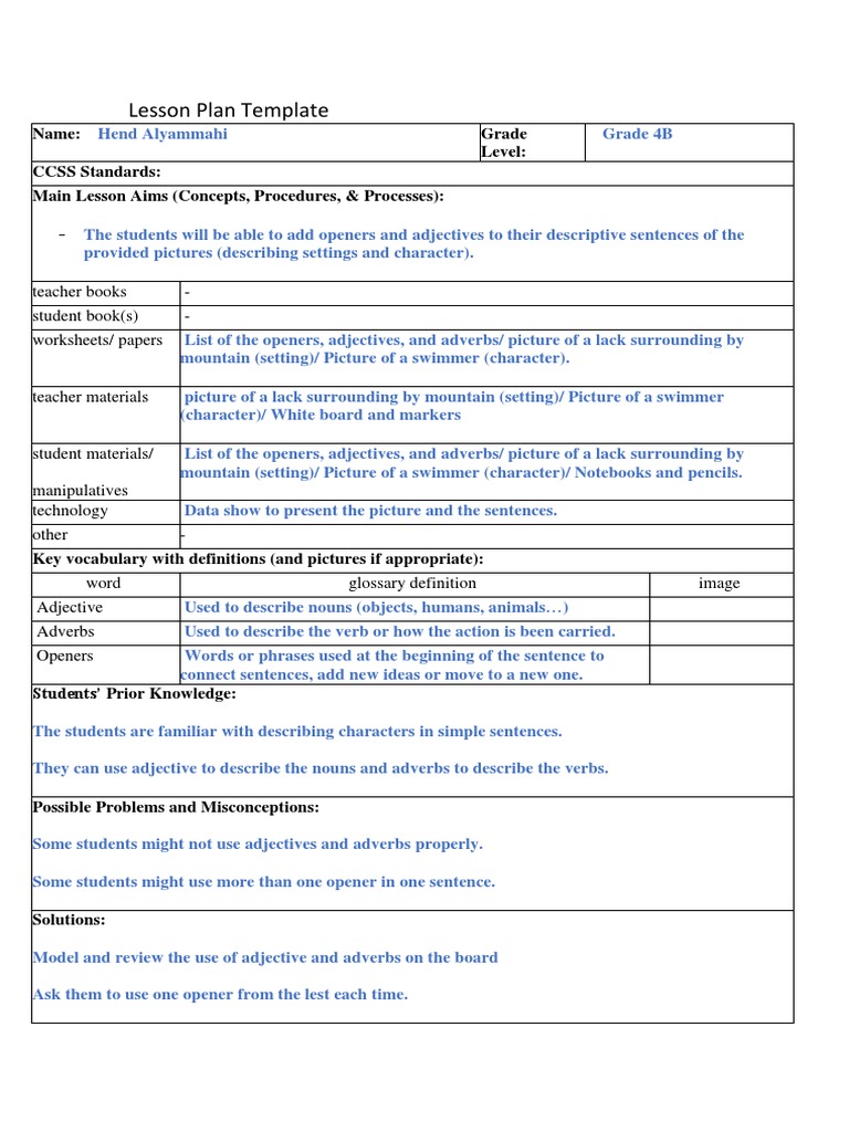 Lesson Plan Template Language - Upleveling Sentences | PDF | Adverb ...
