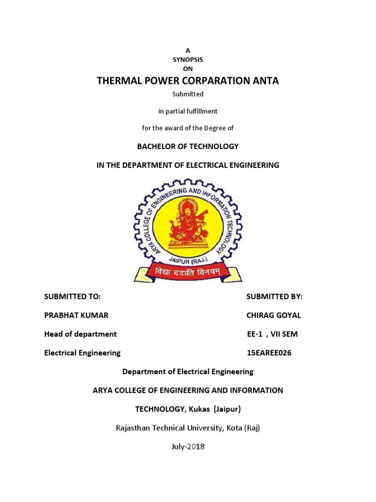 Synopsis Chirag Goyal | PDF | Power Station | Electricity Generation