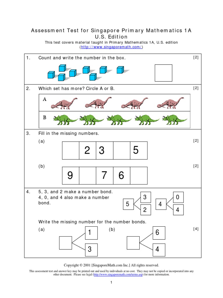 Assessment Test For Singapore Primary Mathematics 1A PDF | PDF | All ...