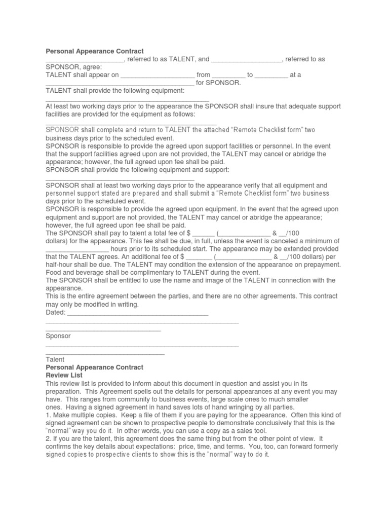 Personal Appearance Agreement Template | PDF | Business | Government