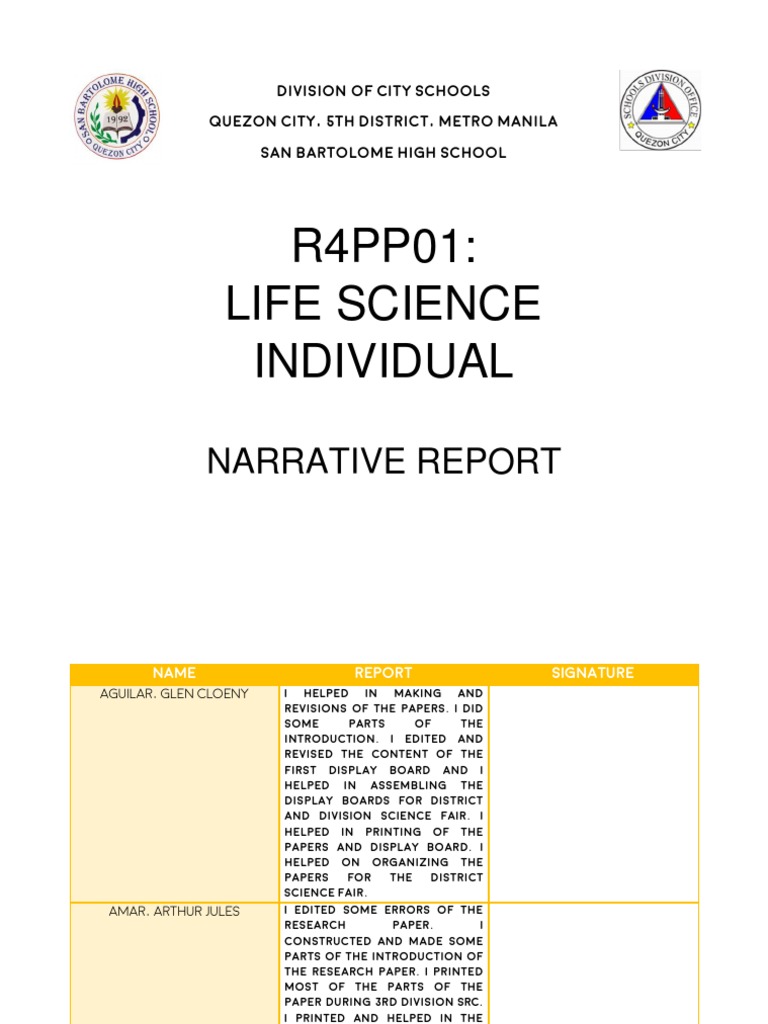 R4PP01: Life Science Individual: Narrative Report | PDF | Science ...