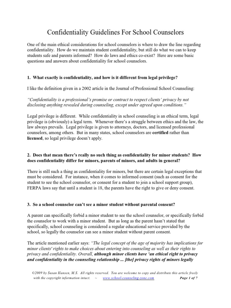 Confidentiality Guidelines For School Counselors Short Version | PDF ...