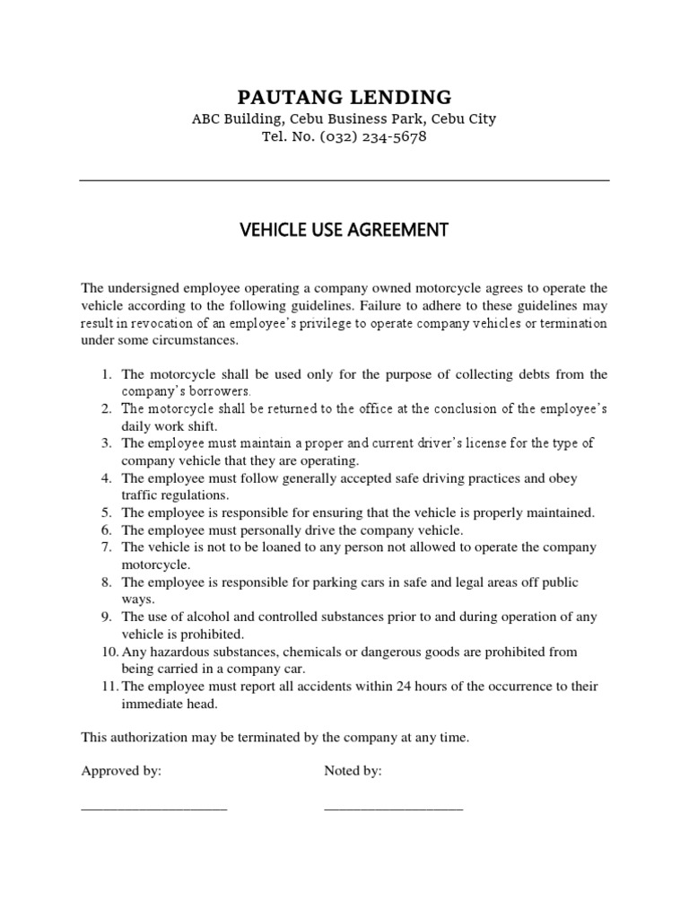 Motor Vehicle Use Agreement | PDF
