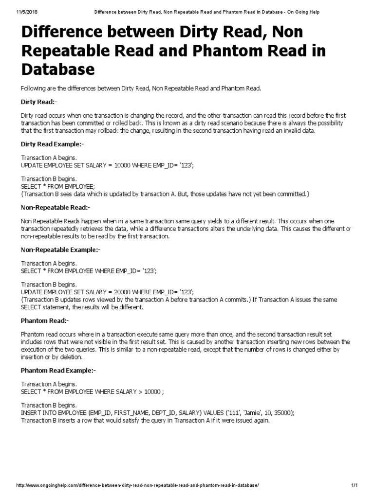 Difference Between Dirty Read, Non Repeatable Read and Phantom Read in Database | PDF | Database ...