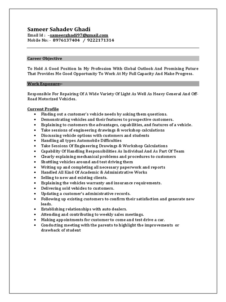 Sameer Resume 1 | PDF | Vehicles | Car