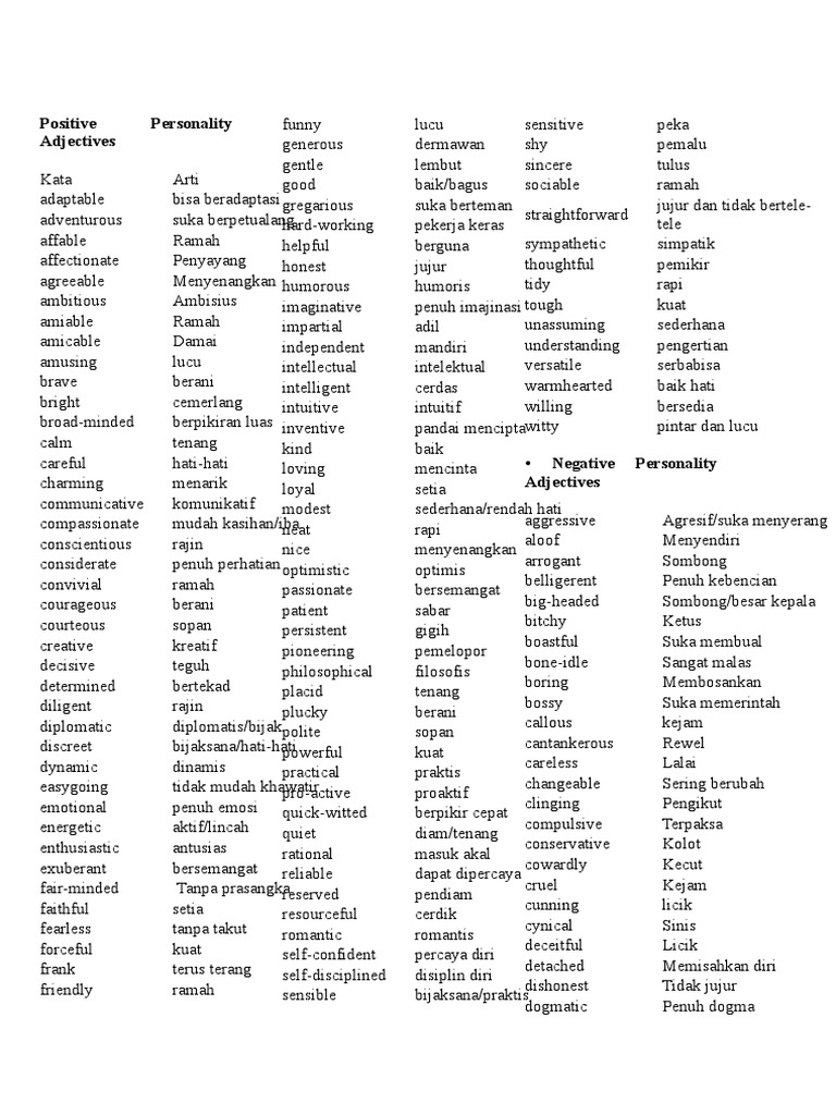 Positive and Negative Personality Adjectives | PDF