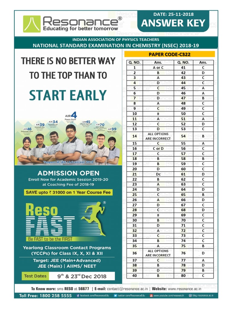 National Standard Examination in Chemistry (Nsec) 2018-19: Indian ...
