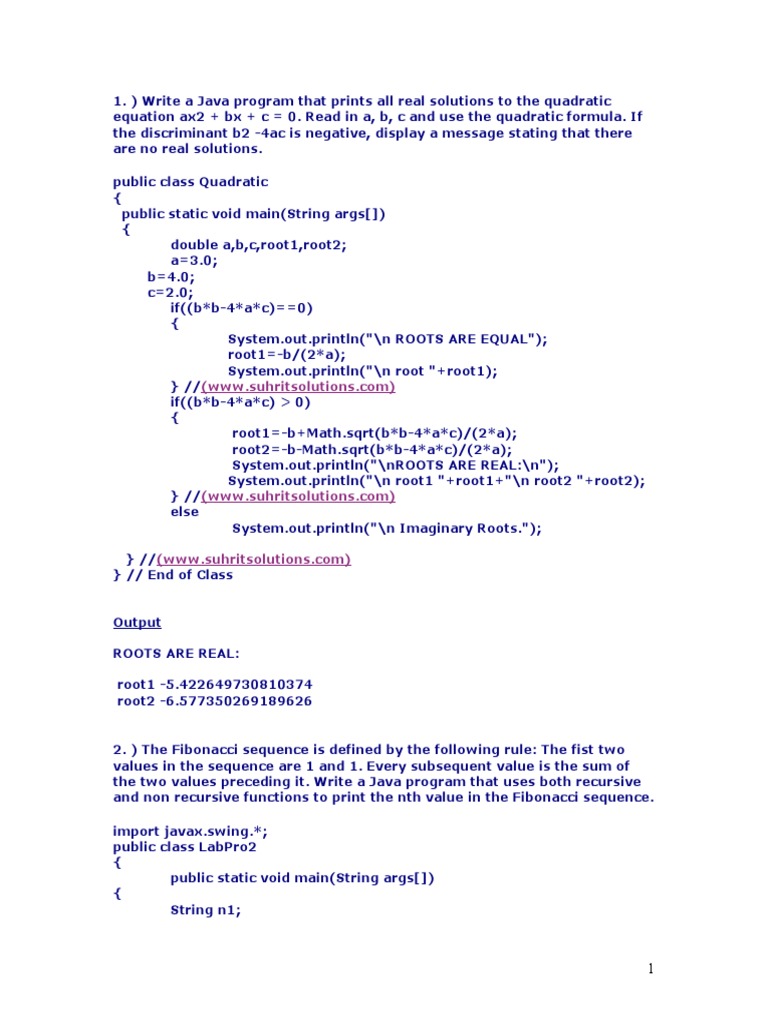 Java Lab Programs Pdf Quadratic Equation Computer File