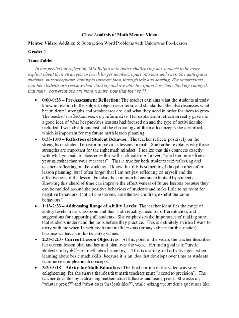 Close Analysis of Math Mentor Video | PDF | Mentorship | Teachers