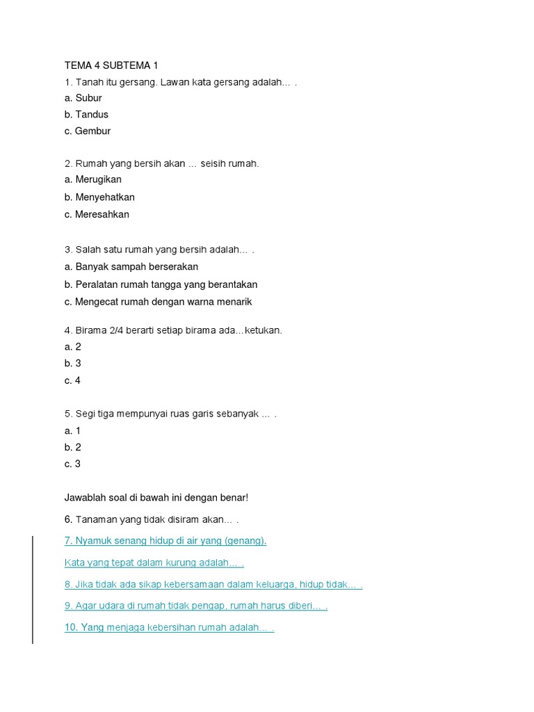Soal Tema 4 Kelas 2 SD | PDF | Seni & Disiplin Bahasa | Griya & Taman