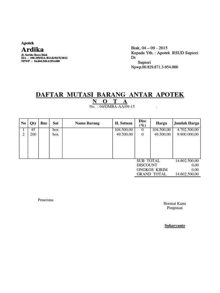 Daftar Mutasi Barang Apt Rsud Supiori 1 | PDF