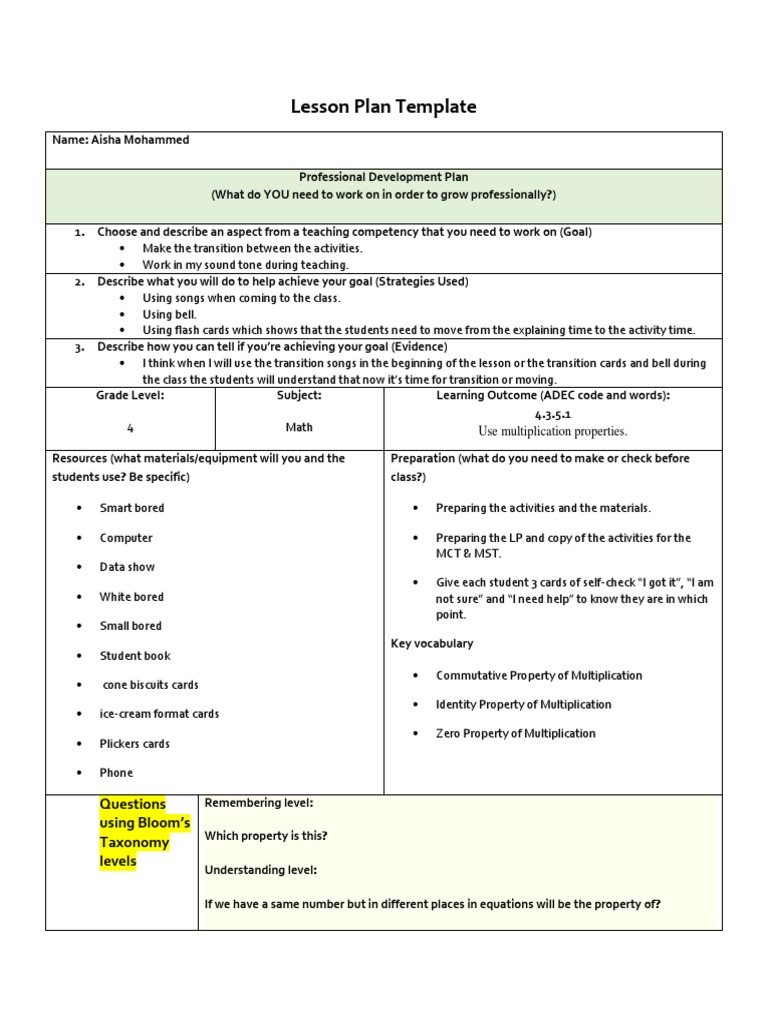 Bloom's Taxonomy Math Lesson Plan | PDF | Teachers | Equations