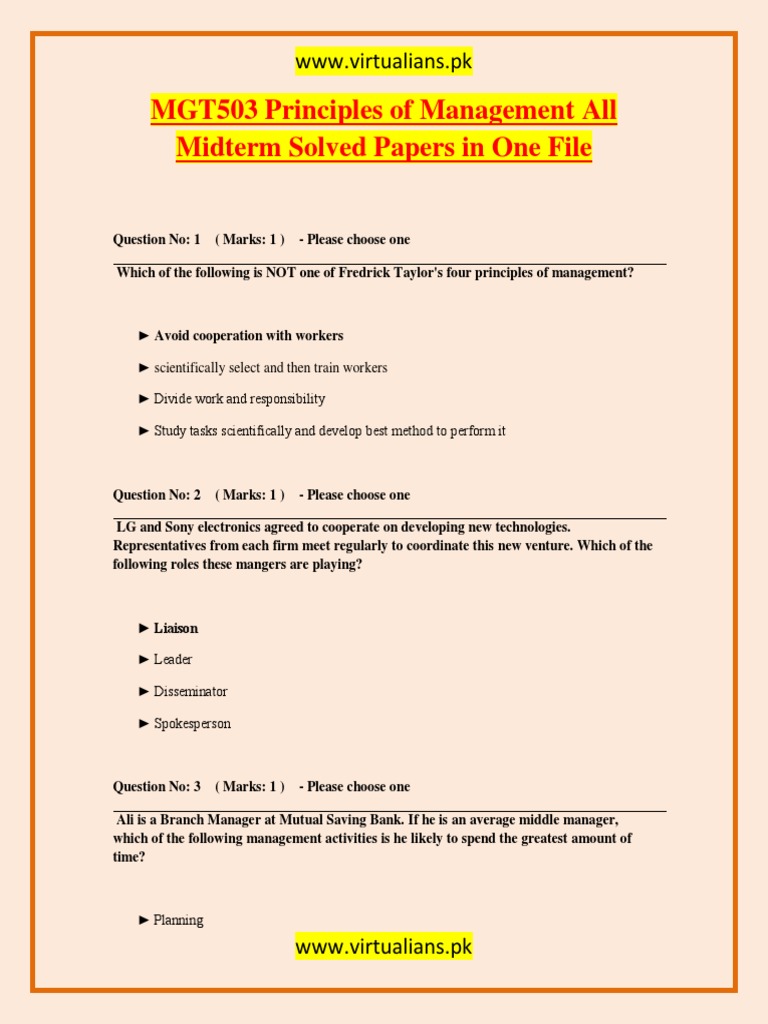 MGT503 Principles of Management All Midterm Solved Papers in One File | Download Free PDF ...