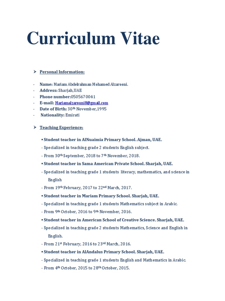 Curriculum Vitae: Mariam Abdelrahman Mohamed Alzarooni | PDF | United ...