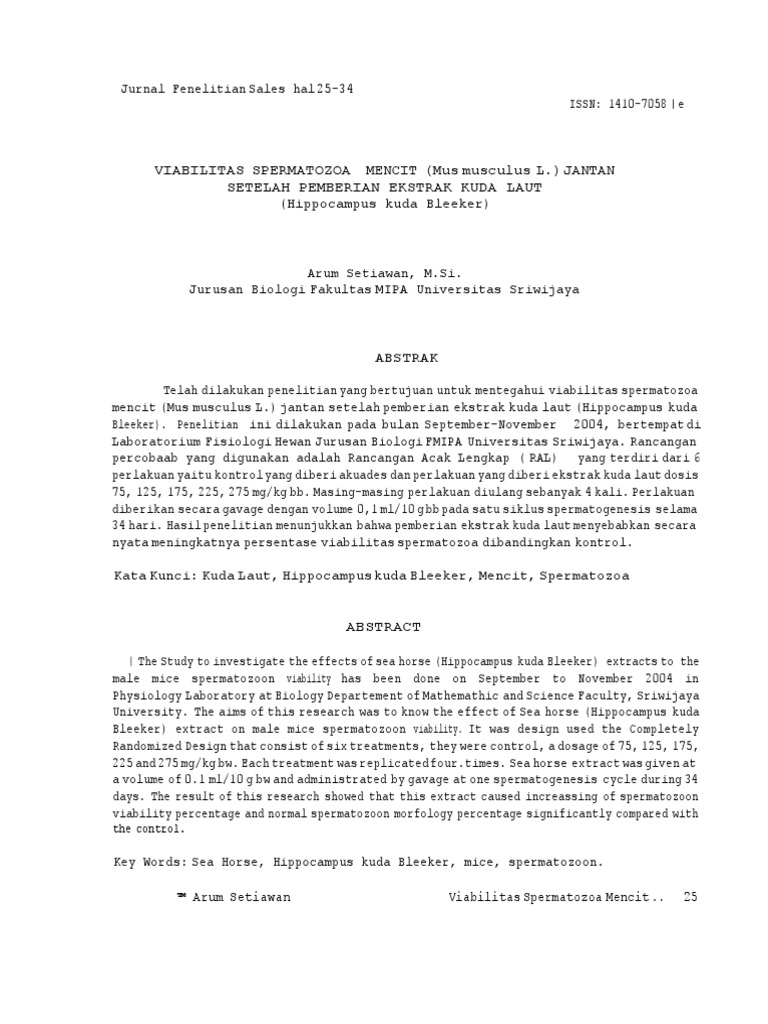 Viabilitas Spermatozoa Mencit (Mus Musculus L.) Jantan Setelah ...