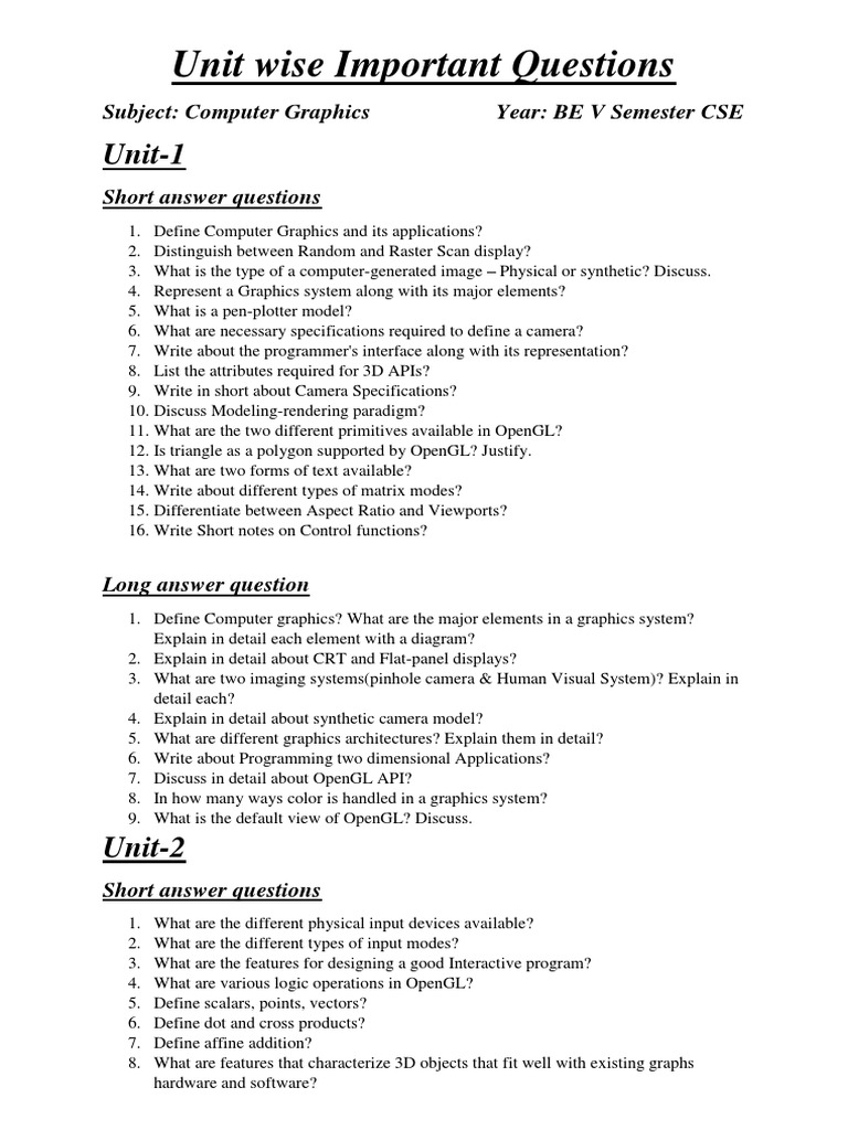 Unit Wise Important Questions | PDF | 3 D Computer Graphics | Computer Graphics