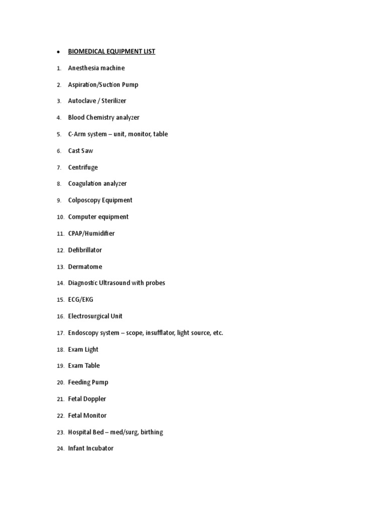 A Comprehensive Inventory of Biomedical Equipment Needed for Patient ...