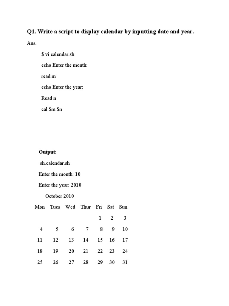 Q1. Write A Script To Display Calendar by Inputting Date and Year ...