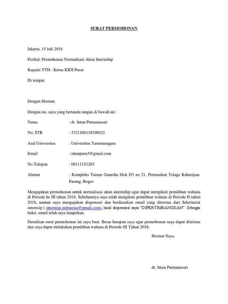 Contoh Surat Normalisasi Akun Internship | PDF