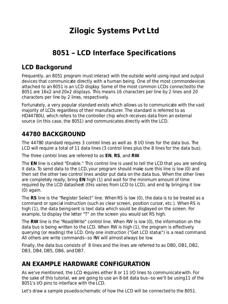 Zilogic Systems PVT LTD: 8051 - LCD Interface Specifications | PDF