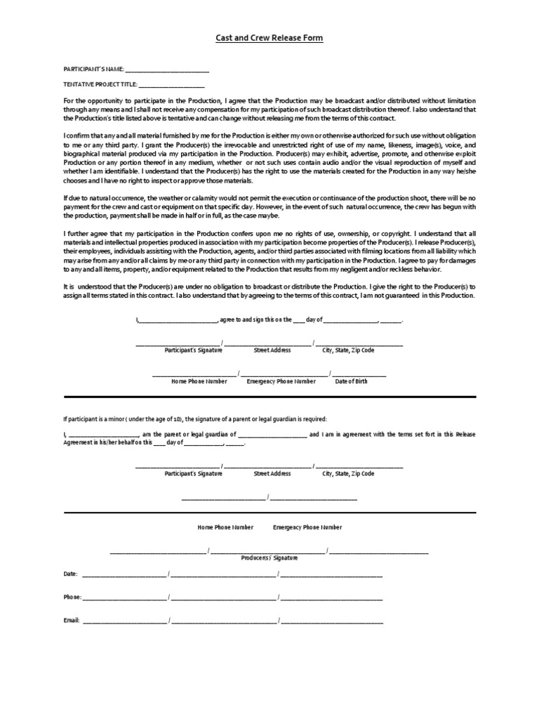 Cast and Crew Release Form | Download Free PDF | Civil Law (Common Law ...