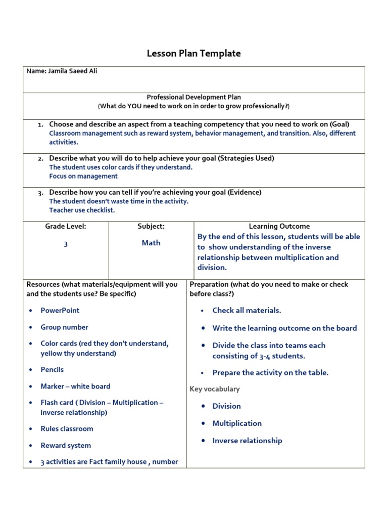 Lesson Plan Template Math2 | PDF | Lesson Plan | Classroom Management